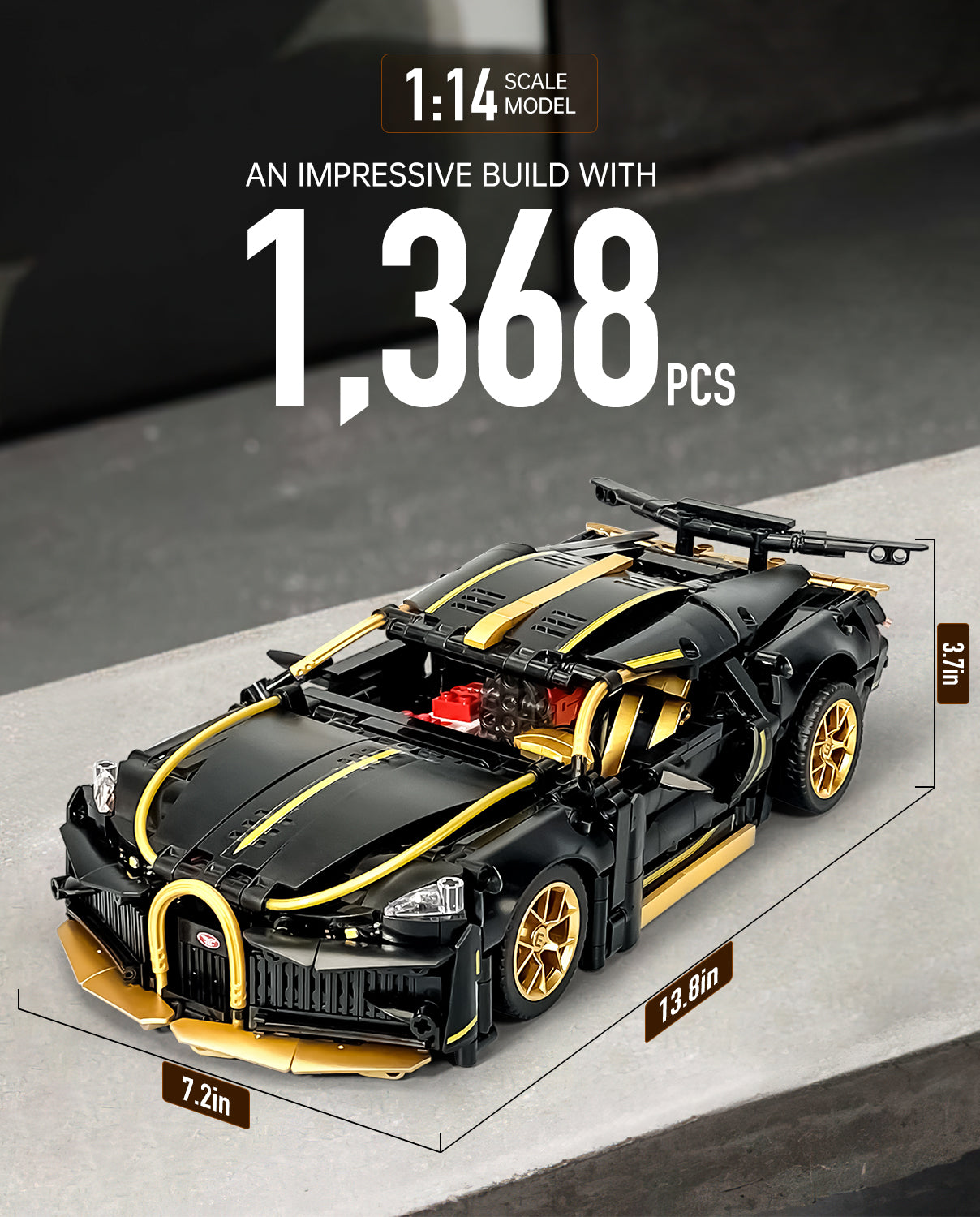 1:14 Black Bugatti Sets, Toy Sports Car for Boys Men Teens (1368Pcs ...